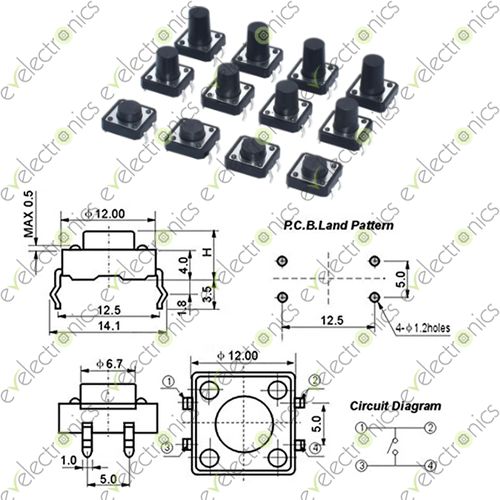 Tactile Tact Push Button Switch 12x12x12mm 4-Pin in Pakistan